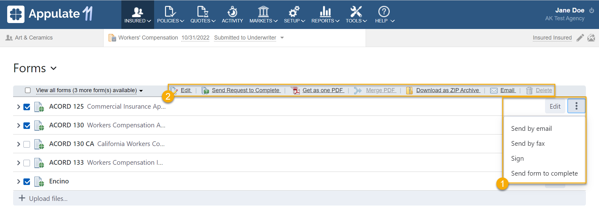 ACORD and Supplemental forms on the Forms page